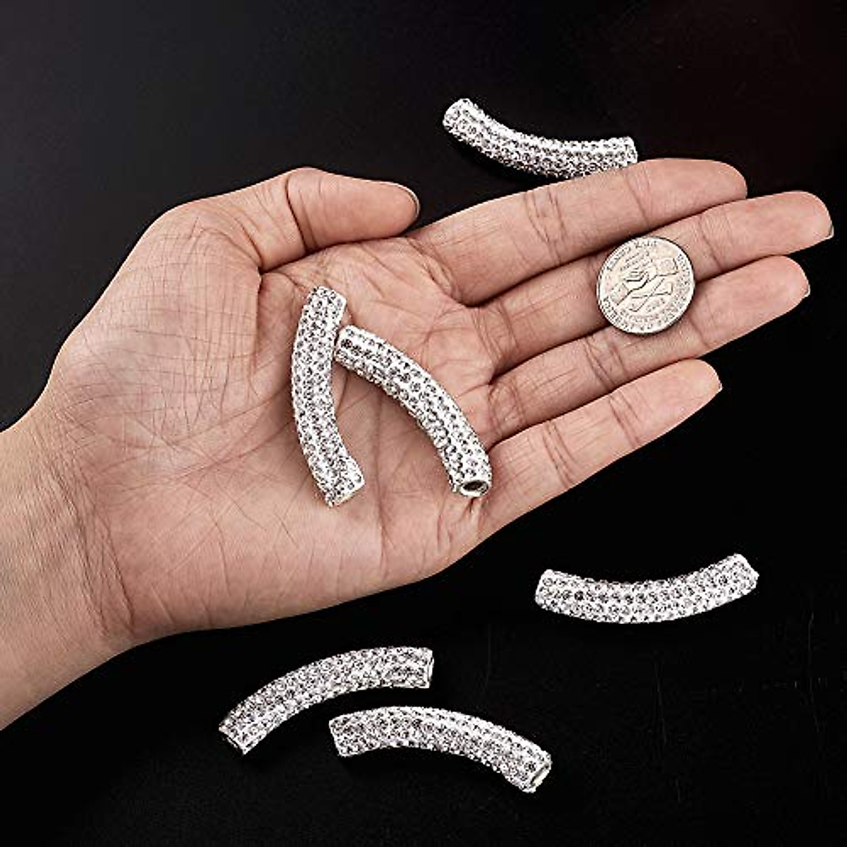 Beadthoven 10pcs 45x9mm Tube Brass Middle East Rhinestone Beads Silver Clay Pave Round Beads Disco Rhinestone Crystal Shamballa Beads for Jewelry Making Handmade Crafts Accessories Supplies
