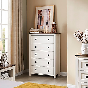 T4TREAM Farmhouse 5 Drawers Dresser Chests for Bedroom, Wood Rustic Tall Chest of Drawers, Dressers Organizer for Bedroom, Living Room, Hallway, Antique White