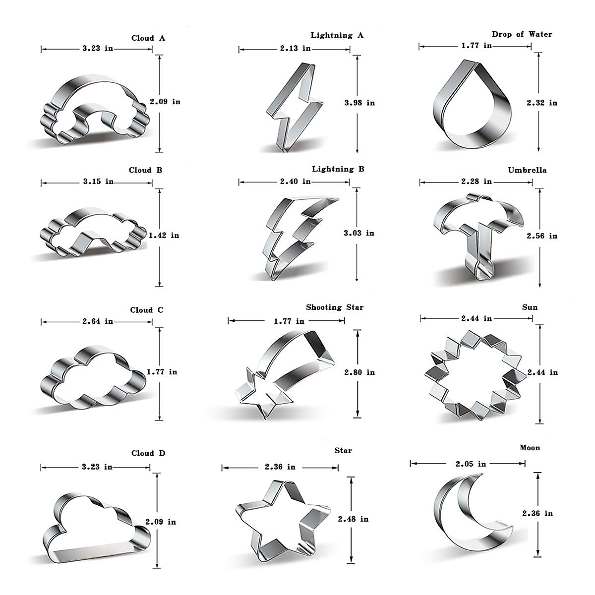 N+A Cookie Cutters Set,Metal Stainless Steel Biscuit Shape Mold for Star,Cloud,Moon,Rainbow,12pcs