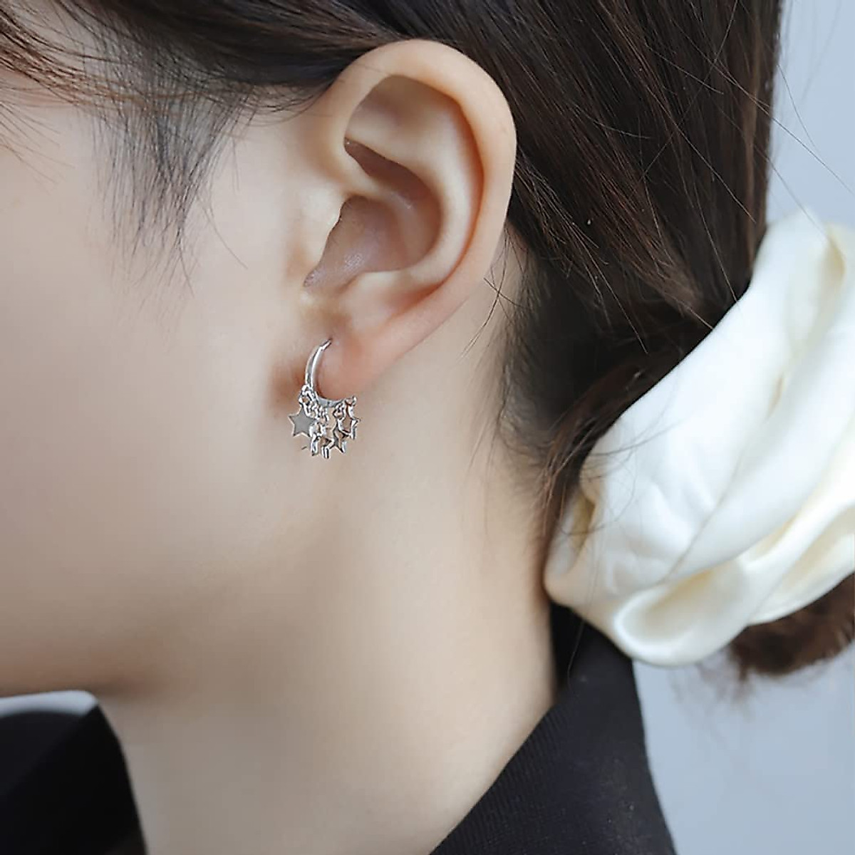 SLUYNZ 925 Sterling Silver Star Hoop Earrings for Women Shiny Star Earrings Hoop (A-Silver)