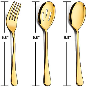 Homikit 3 Pieces Large Gold Serving Spoons, 3 Slotted Serving Spoons and 3 Serving Forks, Stainless Steel Serving Utensils Hostess Set for Catering Buffet, Dishwasher Safe