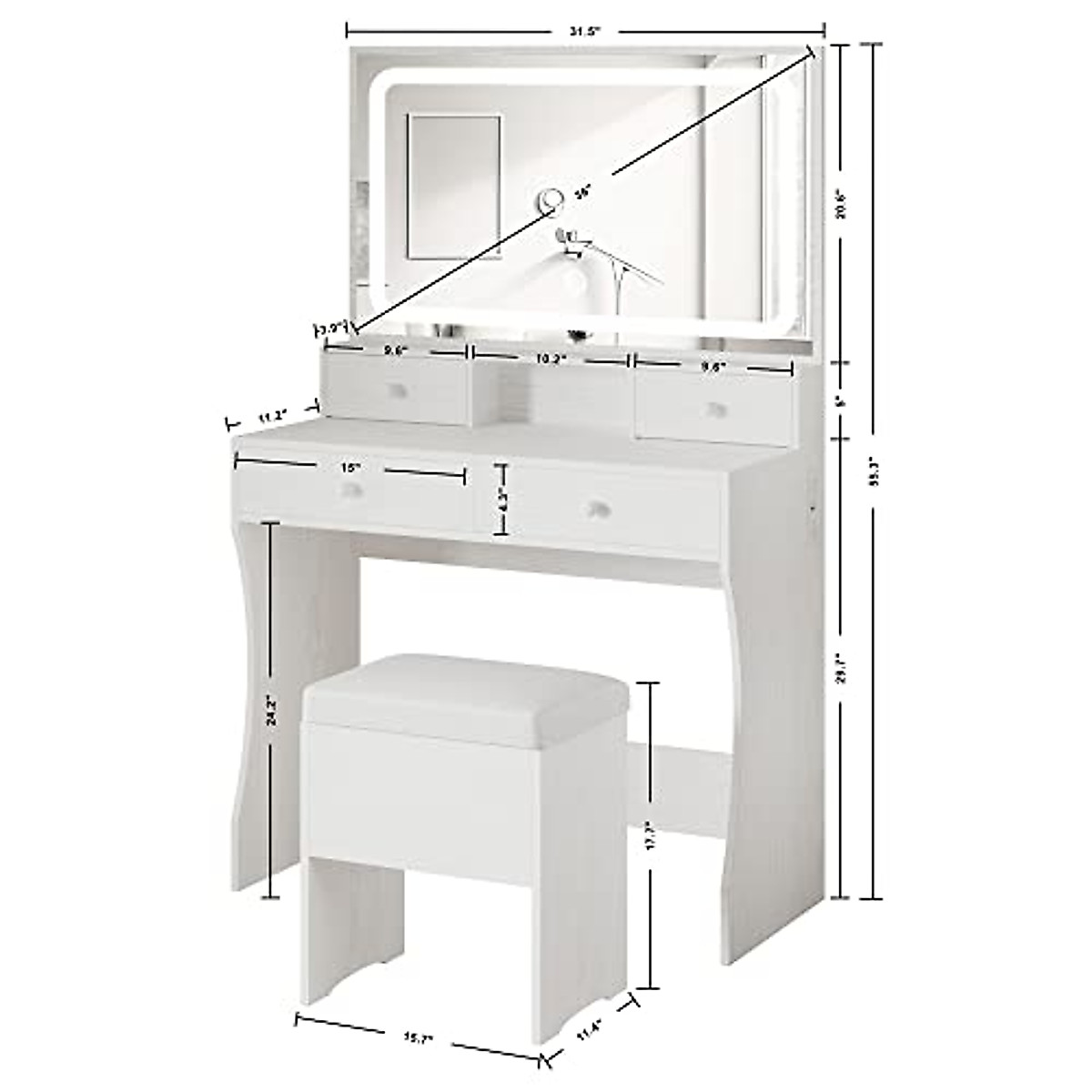 IRONCK Vanity Desk Set with LED Lighted Mirror & Power Outlet, Makeup Vanity Table with 4 Drawers,Storage Stool,for Bedroom, Bathroom, White