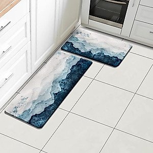 QiyI Floor Comfort Mats 2 Pieces Kitchen Rugs Leather Waterproof Oil Proof Runner Non Skid Standing Mat Set Anti Fatigue Padded Doormat 17" W x 29" L + 17" W x 47" L - Blue White Watercolor Mountain