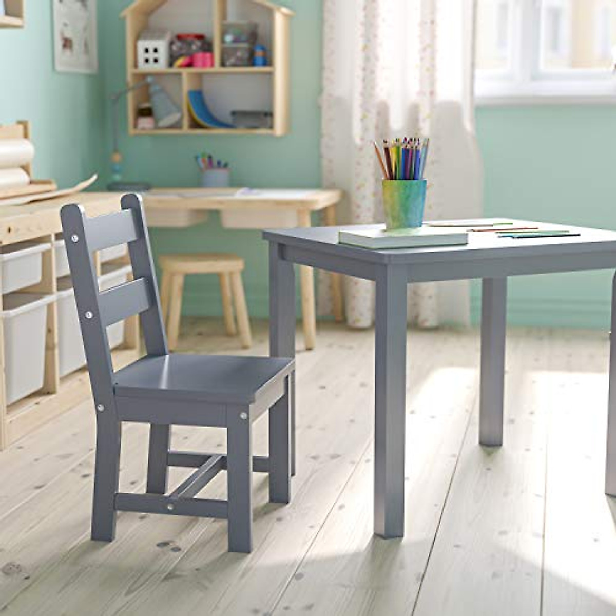 Flash Furniture Kyndl Kids Solid Hardwood Table and Chair Set for Playroom, Bedroom, Kitchen - 3 Piece Set - Gray
