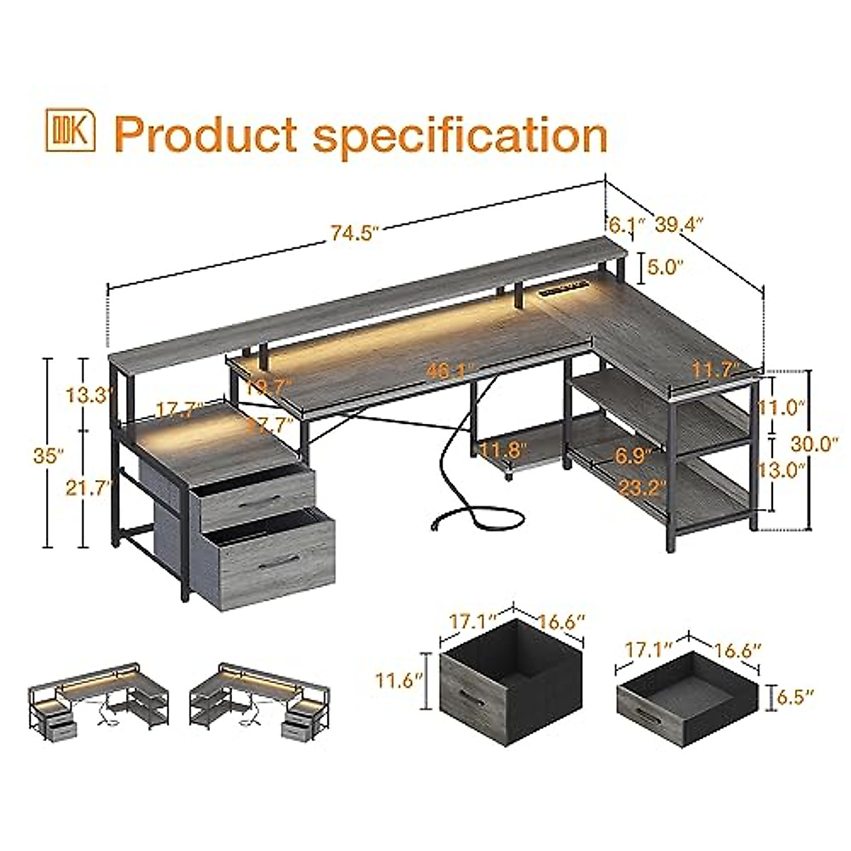 ODK L Shaped Desk with File Drawer, 75" Reversible L Shaped Computer Desk with Power Outlet & LED Strip, Home Office Desk with Storage Shelves, Gaming Desk with Monitor Shelf, Corner Desk, Grey Oak