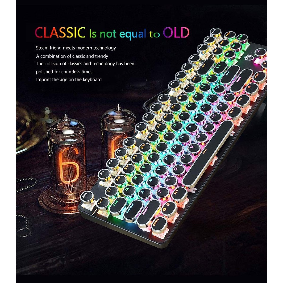 Type Writer Keyboard, Typewriter-Style Steampunk Mechanical Gaming Keyboards Blue Switch with 9 True RGB Backlight Modes and 87-Key Wired Keyboard with Spill-Resistant (Round Keycaps)