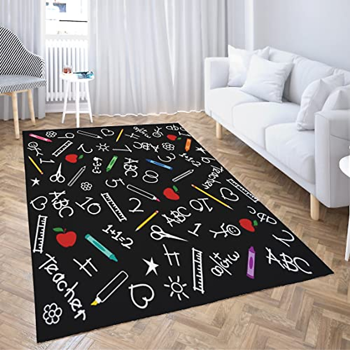 LOKMU Non-Slip Area Rugs Back to School Blackboard Chalk Drawings Crayons Markers Rulers Home Decor Rugs Carpet for Classroom Living Room Bedroom Dining Kindergarten Room 5'x7'