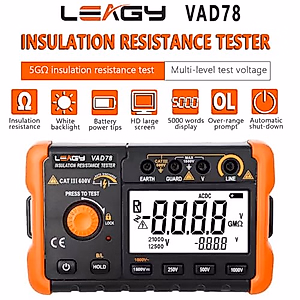 LEAGY VAD78 Digital Insulation Resistance Tester - Accurate Megohm Meter for DC/AC Voltage Testing (20-1500V, 20-750V) and Resistance Measurement (0-5000 Megohms)