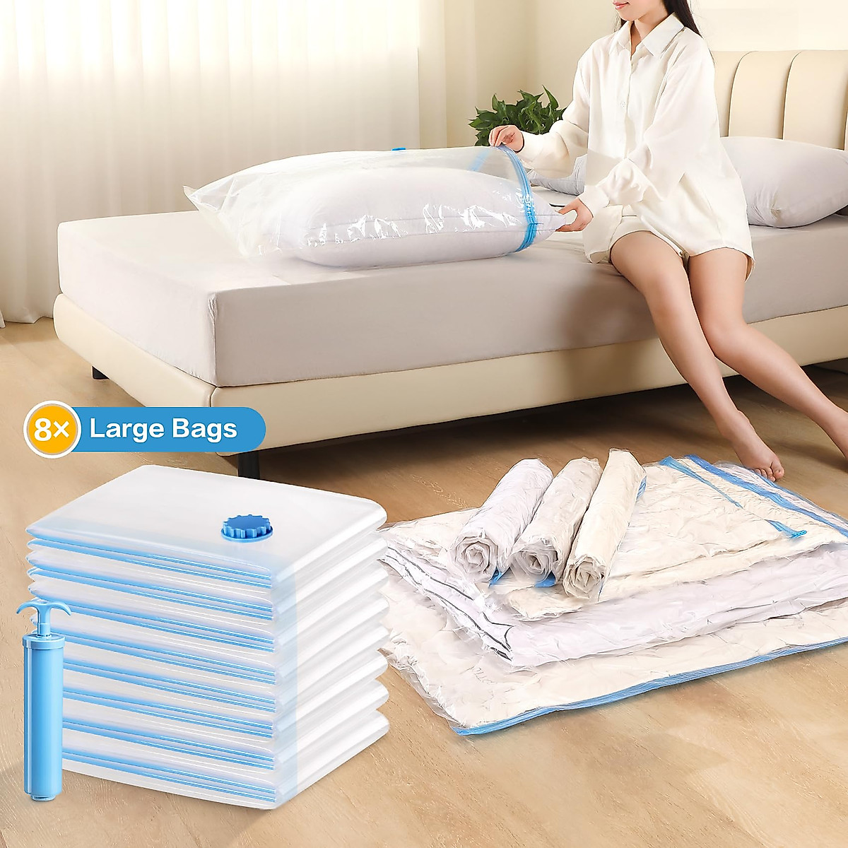8 Pack Large Vacuum Storage Bags, Space Saver Vacuum Bags, Large Vacuum Seal Bags For Clothing, Clothes, Pillows, Comforters, Blankets, Bedding with Hand Pump