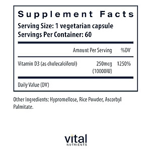 Vital Nutrients Vitamin D 10000 IU | Vitamin D3 Supplement | Healthy Bones, Teeth, Muscles*| Cellular & Immune Function | Calcium Absorption | Gluten, Dairy and Soy Free | 60 Capsules