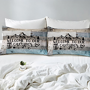 Happy Camping Kids Fitted Sheet Queen Size,Rustic Camper Adventure Bedding Set,Girls Boys Adults Bedroom Decor,RV Trailer Traveling Bed Cover,Blue Brown Farmhouse Bed Sheet,2 Pillowcases