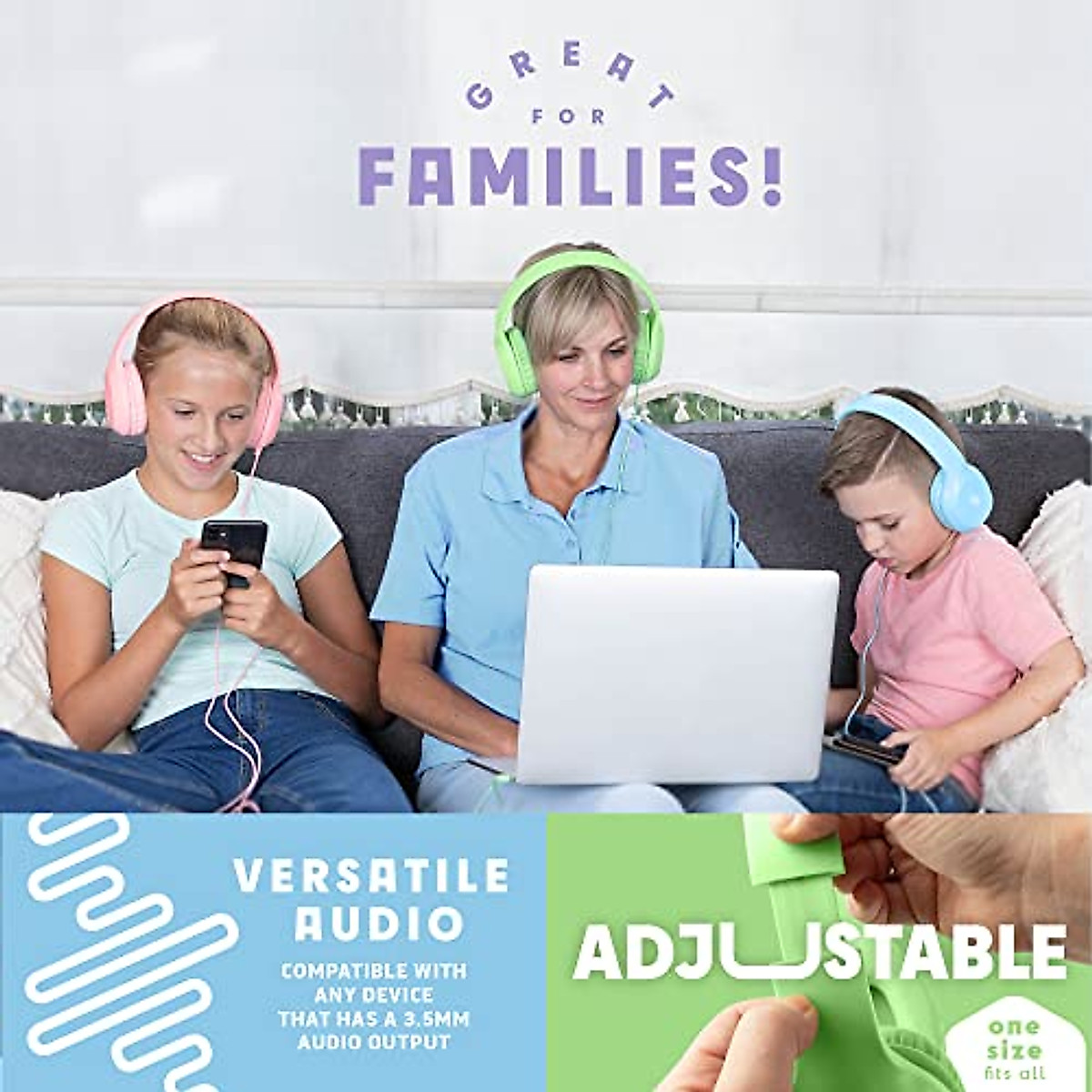 Sonitum Kids Headphones for School Bulk Set 5-Pack On-Ear, 3.5mm, Wired Headphones for Schools & Libraries – Adjustable, Cushioned Wired Kids Headphones – School Headphones for Kids, (Mixed Colors)