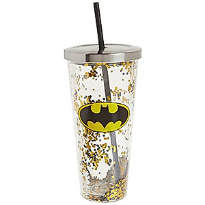 Spoontiques - Glitter Filled Acrylic Tumbler - Glitter Cup with Straw - 20 oz - Stainless Steel Locking Lid with Straw - Double Wall Insulated - BPA Free - Batman