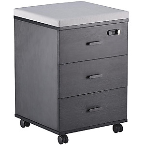 Soohow 3 Mobile Smart Lock Small Rolling Desk Unit Storage Drawers Black Filing Cabinet for Home Office Business