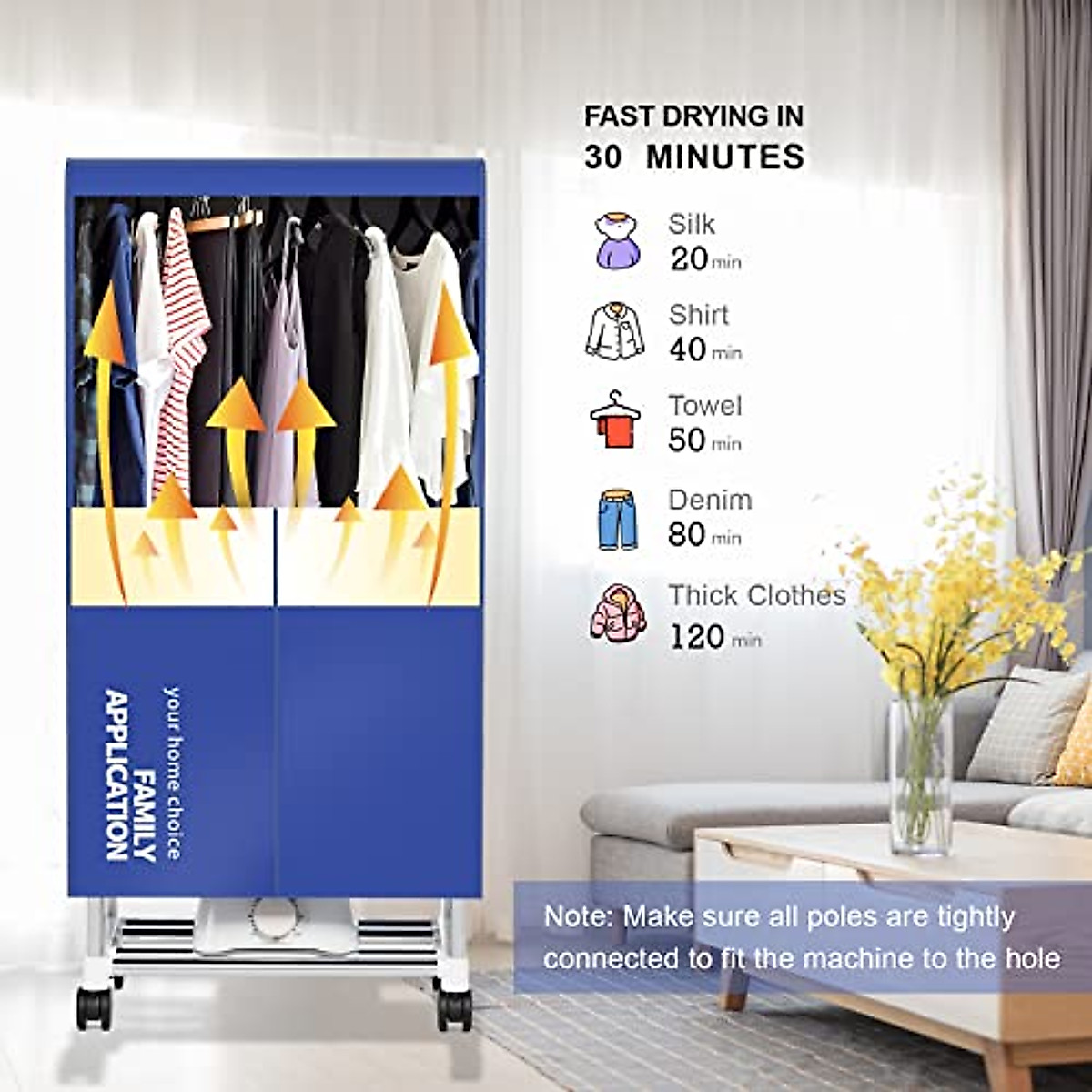 Clothes Dryer, Portable Drying Machine with Timer, 60inch Laundry Drying Wardrobe with Large Capacity, Electric Dryer/Rack for Home | Appartments (Ocean Blue)