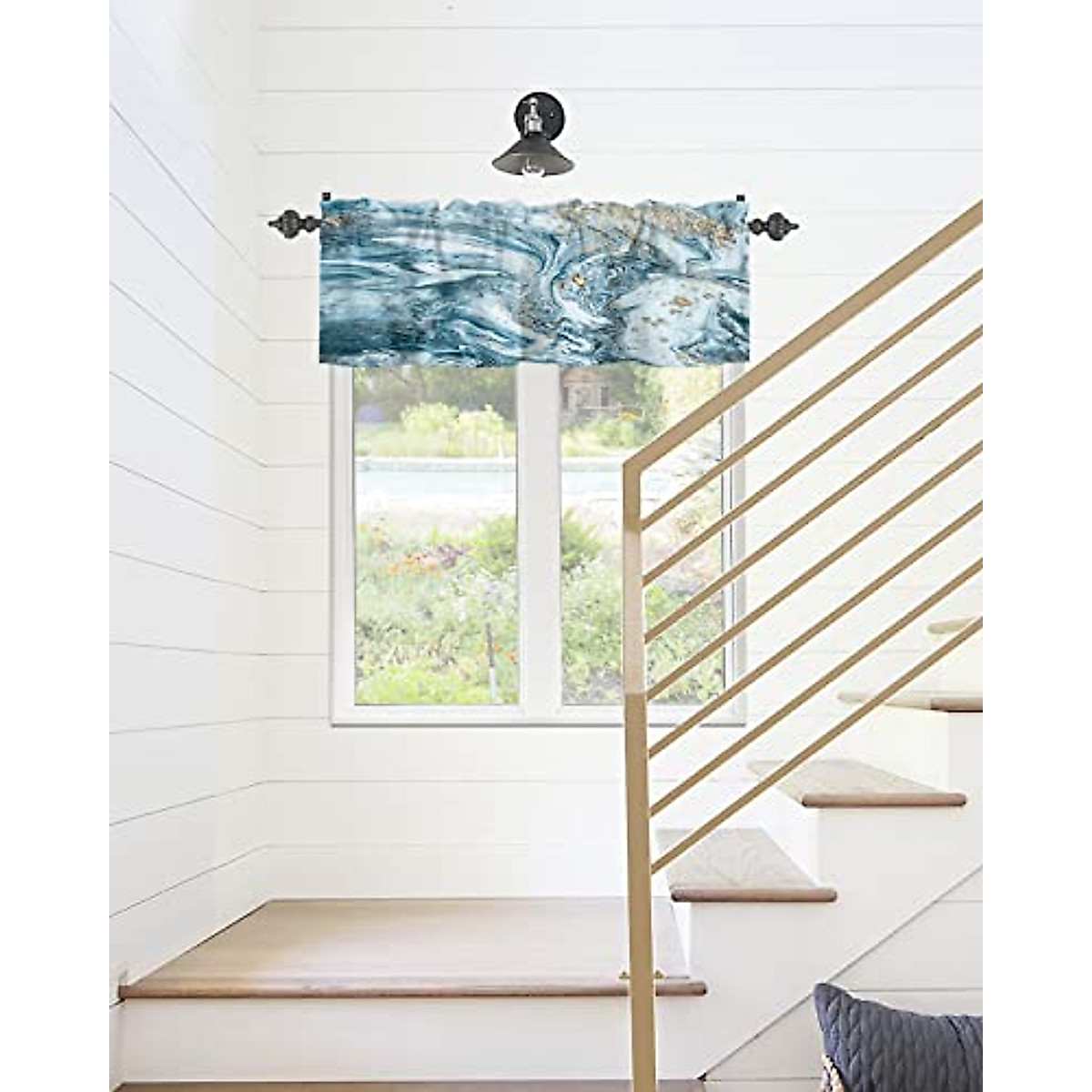 DoremiHome Marble Liquid Abstract Art Window Valance Rod Pocket Curtain Valance for Kitchen/Living Room,Blue White Gold Gradient Short Curtain Panels Window Treatment Decor Curtains 54x18in