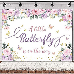 SVBright Butterfly Floral Baby Shower Backdrop 7Wx5H A Little Butterfly is on The Way Pink Purple Flowers Girls Princess Gold Dots Party Decorations Photography Background Banner Photo Booth Studio