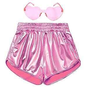Pink Girls Metallic Gymnastics Shorts Rave Spandex Dance Shorts Shiny Hot Pants 6 7