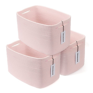XUANGUO Cotton Rope storage Basket Bins Woven Basket for Organizing Shelves Rectangle Decorative Baskets For storage Clothes Toys Books Towels Square Wicker Nursery basket organizer 3 pack light pink