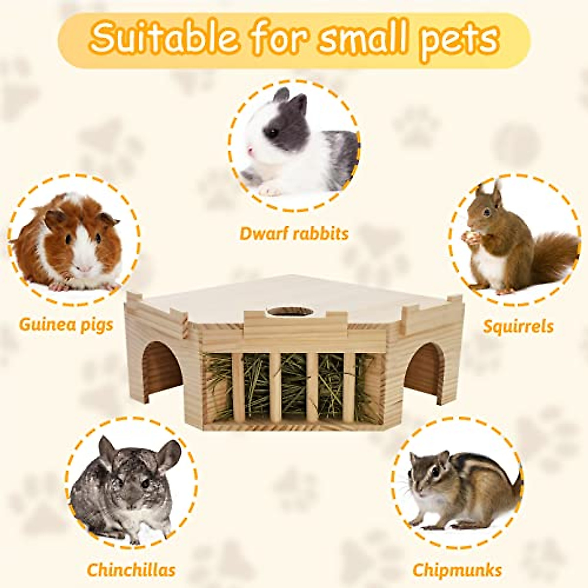 Fhiny Guinea Pig Wooden Castle with Hay Holder, Ventilated Chinchilla Hideout with Feeding Bowl Ladder, Small Animal Multi Chamber Hideaway for Young Guinea Pigs Chinchillas Hedgehogs