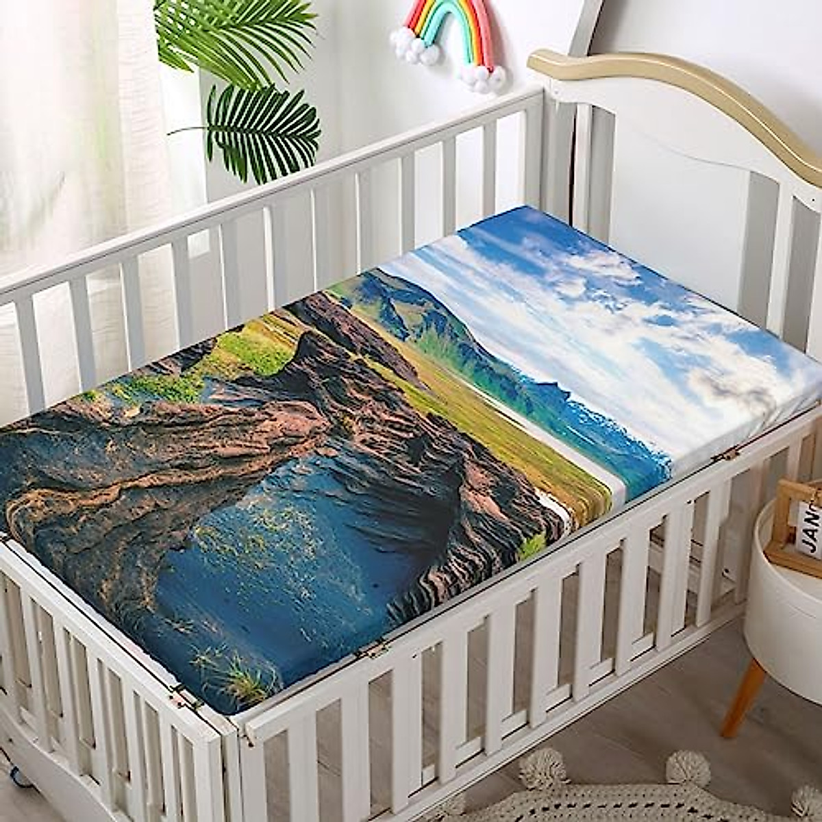 Nature Themed Fitted Crib Sheet,Standard Crib Mattress Fitted Sheet Soft Toddler Mattress Sheet Fitted - Baby Sheet for Boys Girls,28“ x52“,Cobalt Blue Peach Yellow Green