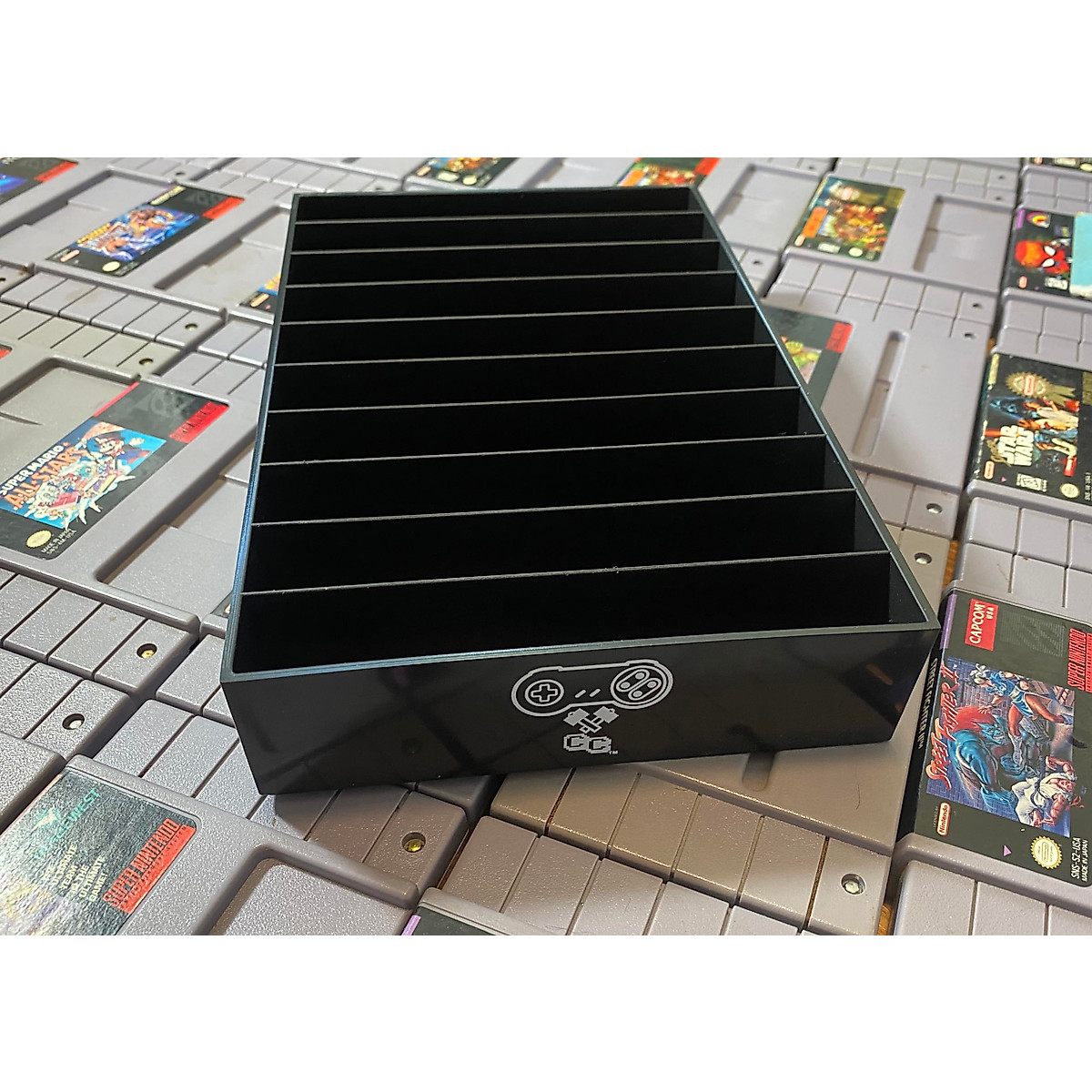 Collector Craft Black Game Organizer Compatible with Nintendo SNES Cartridge, Dust Cover, Cartridge Holder, Super Nintendo Entertainment System