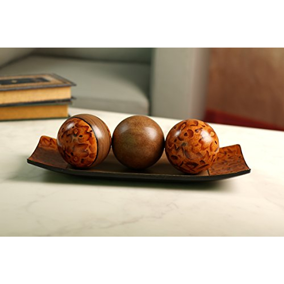 Hosley Brown Hand Painted Pattern Decorative Bowl Tray and Orb Ball Set 15 Inches Long Burlwood Style Finish Ideal Gift for Weddings Party Spa Reiki Meditation Settings O3