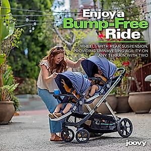 Joovy Qool Double Bundle Double Stroller with Reconfigurable Seats, Magnetic Safety Harness with Padding, UPF 50 Sun Canopy, and Large Storage Basket, Jet