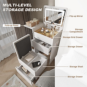 HIMAmonkey Small Makeup Vanity with Mirror and Lights, 3-in-1 Vanity Desk with 3 Drawers, Corner Vanity Set with Soft Stool, Compact Dressing Table for Living Room/Bedroom-19.7in/White