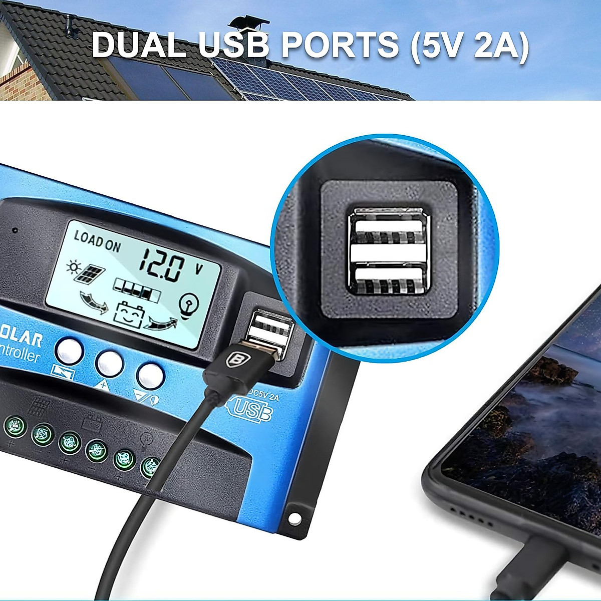 MPPT Solar Charge Controller 40/50/60/100A, 12V 24V Dual USB Solar Pannel Battery Controller Intelligent Regulator with LCD Display(100A)