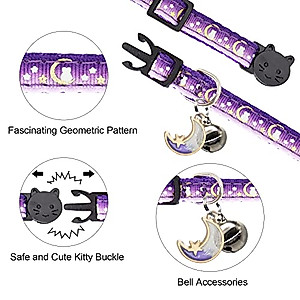 Giecooh 2 Pack Breakaway Cat Collar with Bells,Adjustable Moon and Star Kitten Safety Collars for Boys & Girls,Purple+Teal