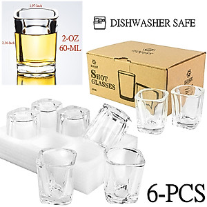 GLASKEY Shot Glass Set of 6, 2oz Clear Glass Dishwasher Safe Lead-free Heavy Base Shot Glasses for Whiskey Vodka Espresso Coffee Small Desserts Candle-Making