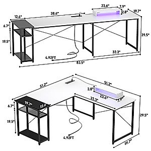 Cyclysio L Shaped Desk with Power Outlets and USB Ports, Reversible L Shaped Gaming Computer Desk with LED Light, 83.5'' Large 2 Person Desk with Monitor Stand, L-Shaped Corner Desk, White and Black