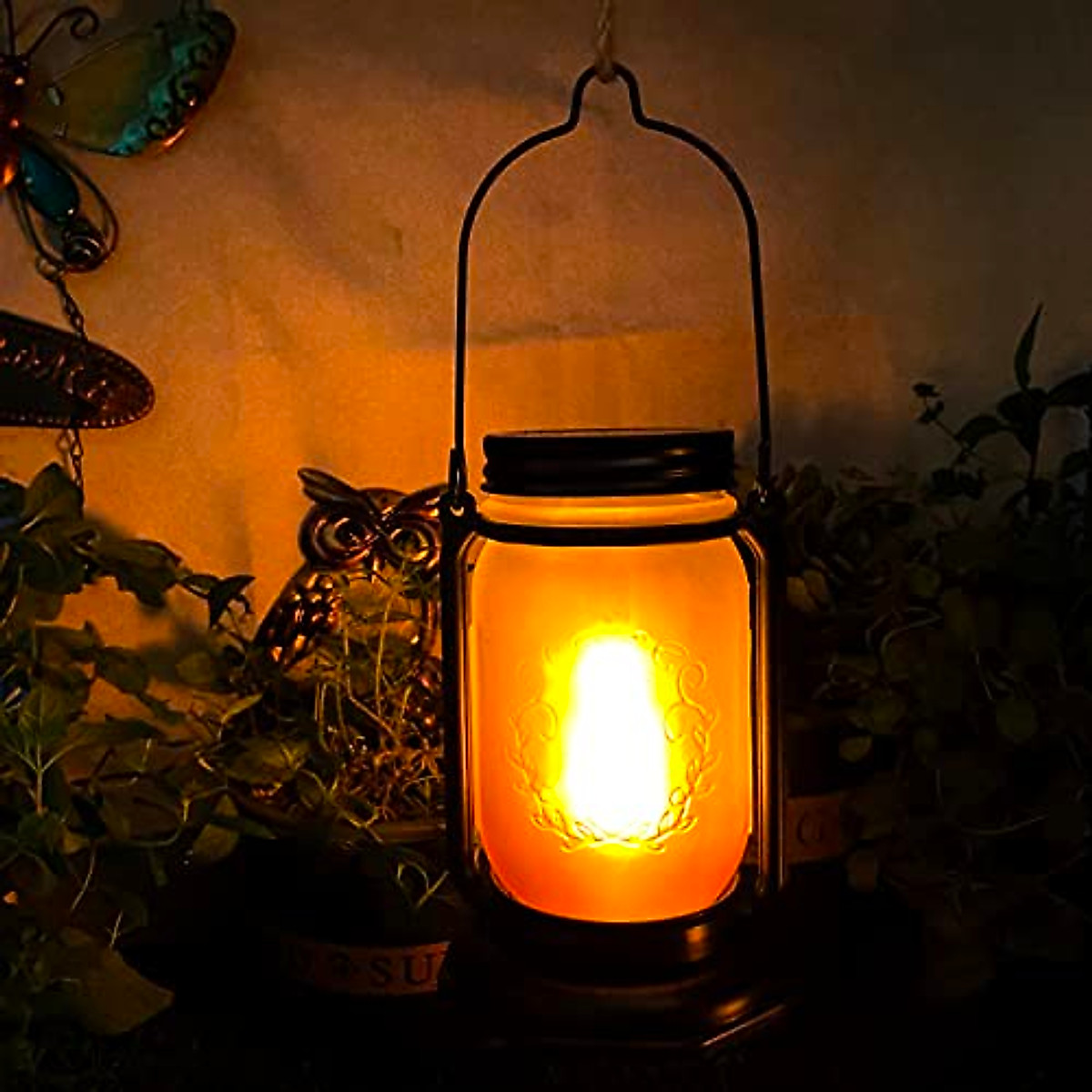 Solar Garden Lantern Light Mason Jar Torch Lights Hanging or Stick in Lawn for Outdoor Patio Garden Table Decor Gift-2 Pack