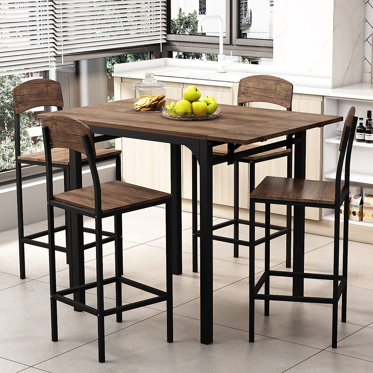 VilroCaz 5-Piece Counter Height Dining Table Set Bar Table Set, Farmhouse Drop Leaf Dining Table, 4 Counter Height Comfort Dining Chairs with Footrest, Space Saving Design (Black Frame)