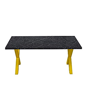 70.87" Modern Square Dining Table with Printed Black Marble Table Top+Gold X-Shape Table Leg (Black+Gold)
