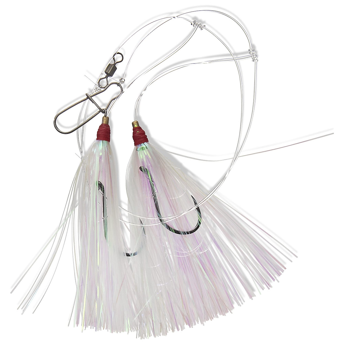 Uncle Mo’s Tackle - 12 Pack Fluke Flounder Killer Hi-Lo Rig – Multicolor Mylar Teaser for Saltwater – BKK Black Size 3/0 Octopus Hook -30lb Heavy Duty Mono 2ft Long-Black Duo-Lock Snaps