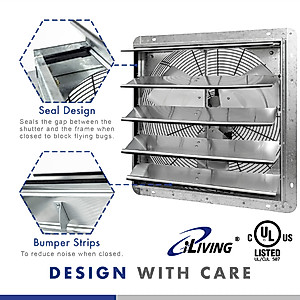 iLIVING 20" Wall Mounted Shutter Exhaust Fan, Automatic Shutter, with Thermostat and Variable Speed controller, 2.2A, 3368 CFM, 5000 SQF Coverage Area Silver (ILG8SF20V-ST)