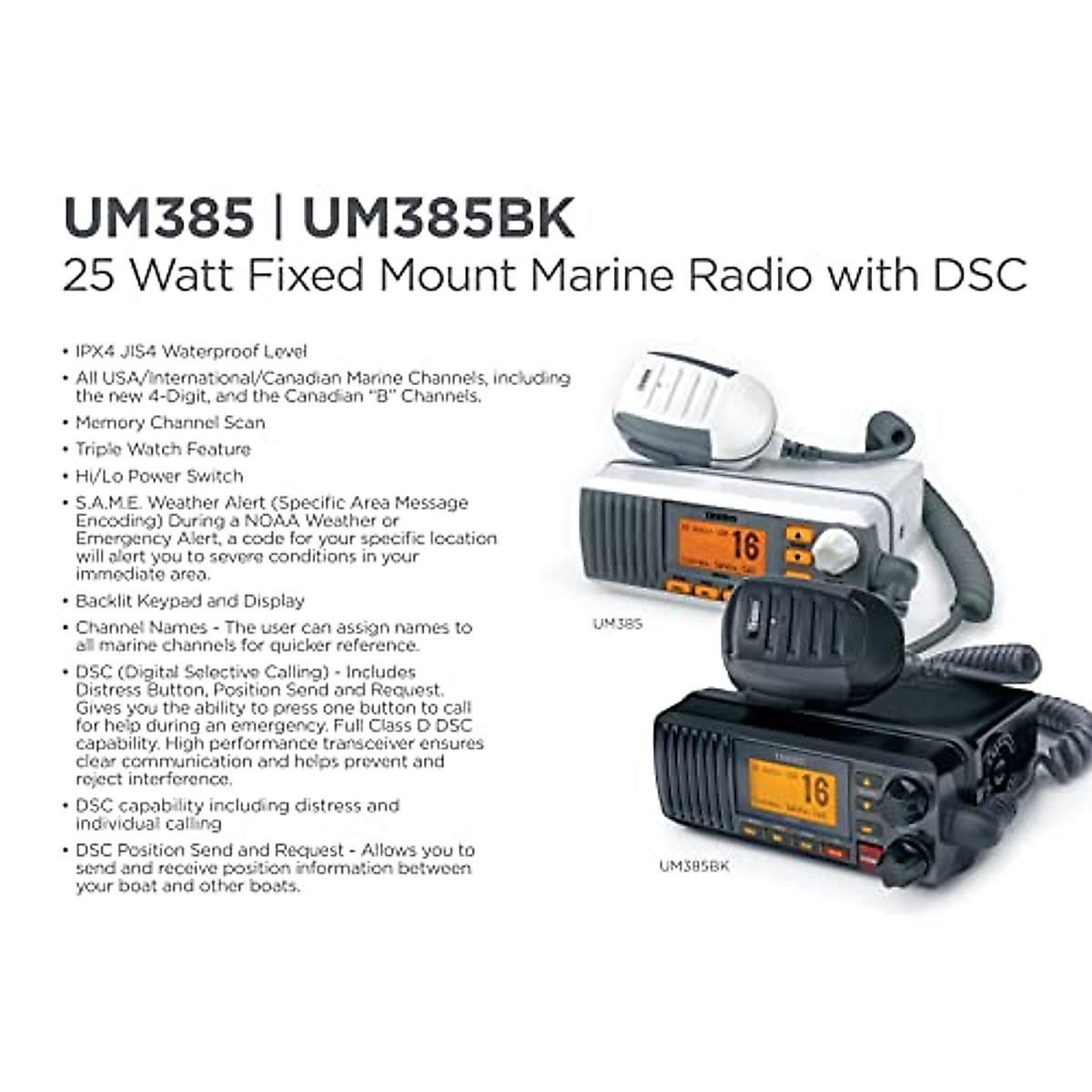 Uniden UM385BK 25 Watt Fixed Mount Marine VHF Radio, Waterproof, Noaa Weather Alert, All USA/Intl/Canadian Marine Channels