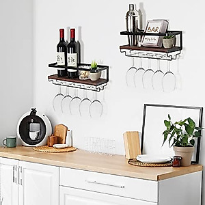 B4Life Wall Mounted Wine Rack with Stemware Hanger, 2 Pack Wall Mount Wine Glass Holder for Dining Room Home Bar Kitchen
