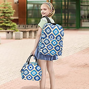 FOLIOSA Kid's Backpack Lunch Bag Set Square Evil Eye Print， Large Capacity Insulated Scratch-Resistant Backpack with Lunch Kit for School Work Suits for 6+ Years Teenager Boys Girls