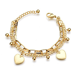 LUREME 18K Gold Stainless Steel Multi Chains Bracelet with Ball and Heart Charms for Women (bl003259)