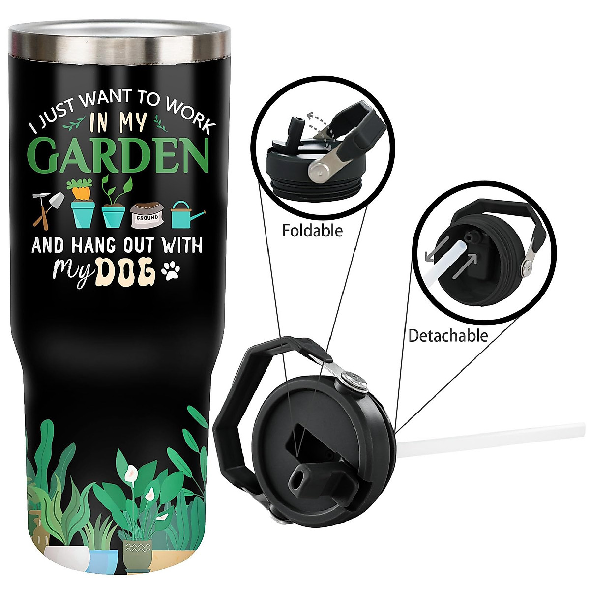 30oz Plant Tumbler with Handle and Straw, Black Plant Stainless Steel Vacuum Insulated Flip Straw Coffee Cups Spill Proof Travel Mug, Plant Gifts for Plant Lovers Gardeners, Gardening Gifts for Women