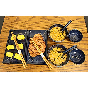 Ebros Gift Japanese Mino Ware Tombo Dragonfly Blue Porcelain Sushi Dinnerware 10pc Set For 2 People Pairs of Sushi Plates Soup And Sauce Bowls Bamboo Chopsticks Asian Soup Spoons Housewarming Gift