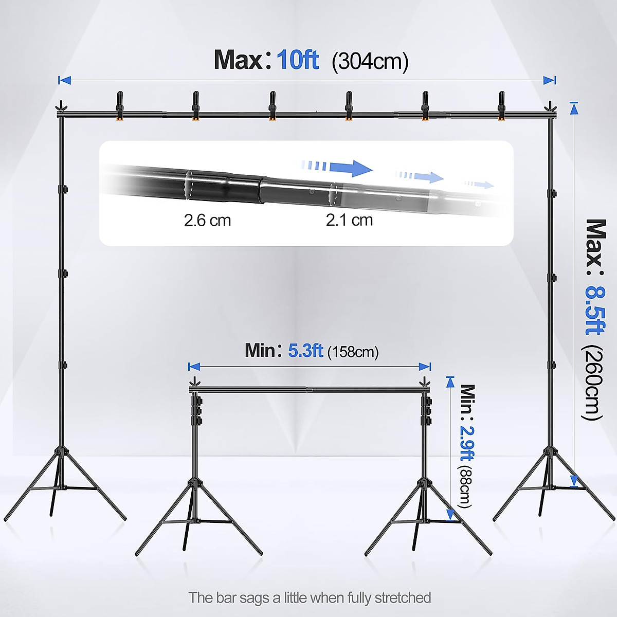EMART Backdrop Stand 10x8.5ft(WxH) Photo Studio Adjustable Background Stand Support Kit with 2 Crossbars, 6 Backdrop Clamps, 2 Sandbags and Carrying Bag for Parties Events Decoration