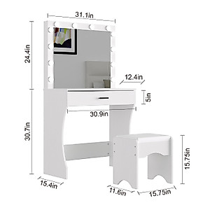 Vanity Desk with Mirror and Adjustable Lights, One Drawer Storage Makeup Table with Stool - Vanity Set for Bedroom (White)