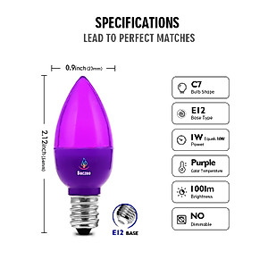 Baczao Purple C7 Light Bulbs 6 Pack, 1W Small C7 LED Christmas Light Replacement Bulbs, E12 Candelabra Base, Non-Dimmable, Red Night Light Bulb for Outdoor Xmas String Lights Window