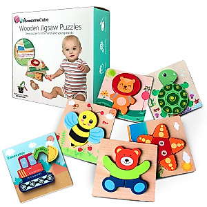 Wooden Toddler Puzzles, Montessori 6 Pack Animal Shape Jigsaw Puzzles for Child Kids Preschool Learning Educational Toys Gifts for 1 2 3 Year Old Boys Girls
