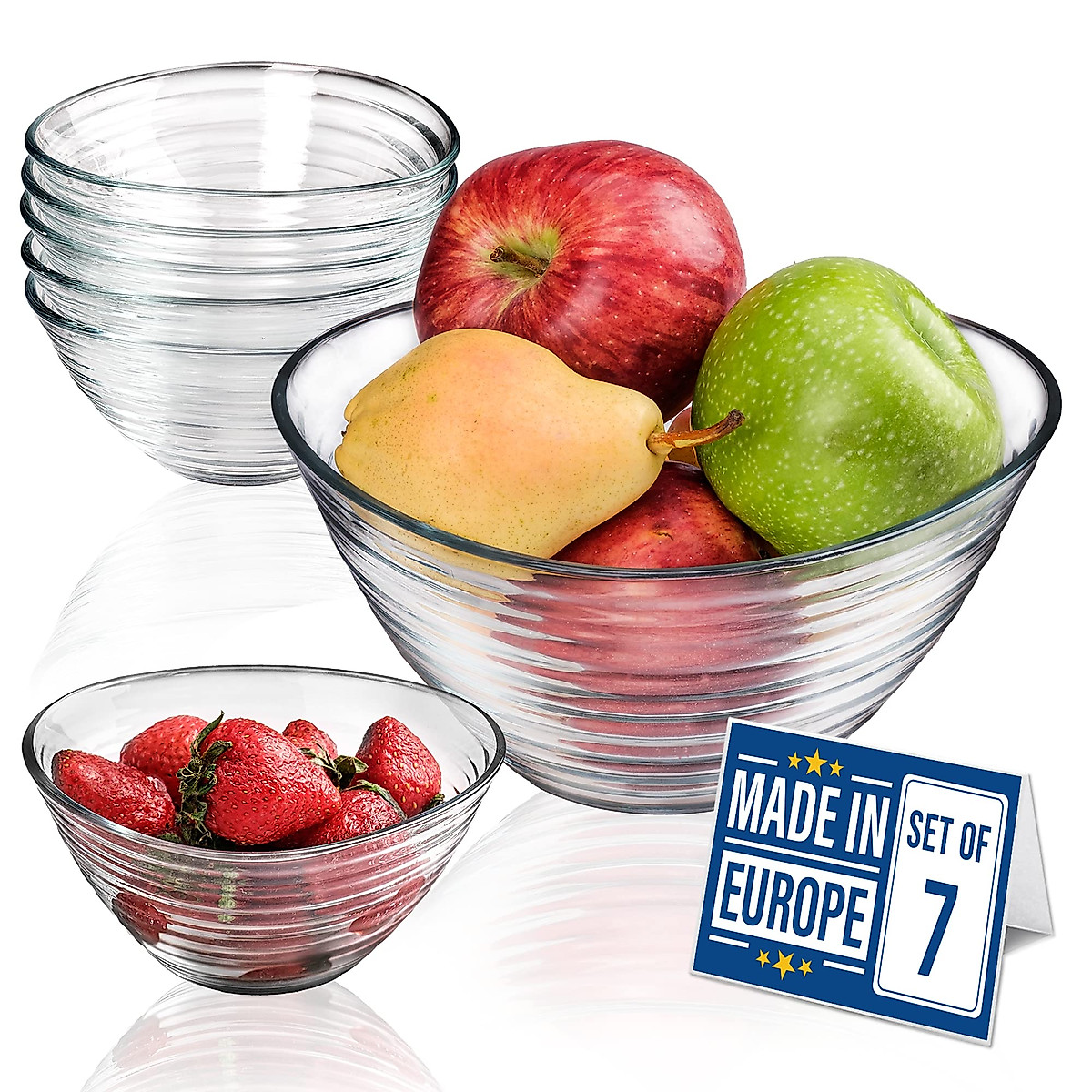 Volarium CRYSTALIA Mixing Bowl and Small Serving Bowls Set of 7, Clear European Glass Kitchen Prep Bowls, Great for Salad, Fruits, Sauce, Dipping, Dessert and Side Dishes, Stackable for Easy Storage