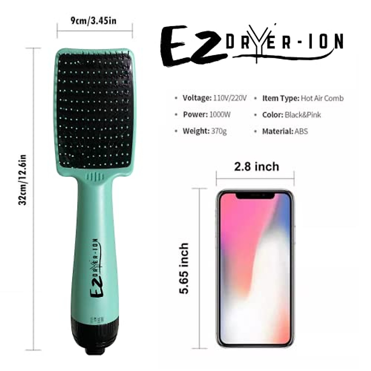 Ez Detangler Dryer- Ez Dryer ION. Professional Ionic Blowout Hair Dryer Brush. Portable Super Lightweight Blow Dryer to Detangle, Dry, Volumize and Style. (Aqua)